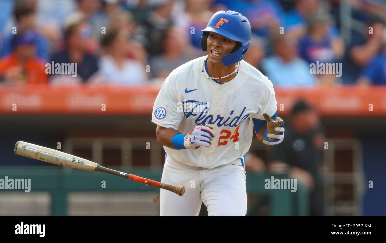 Florida infielder Josh Rivera (24) hit a two-RBI homerun runs to first ...