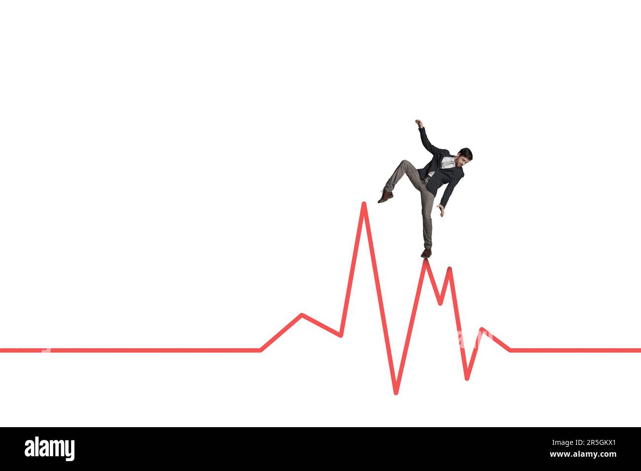 The heart racing action of the stock market. a businessman balancing on ...