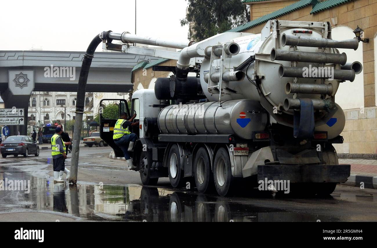 Cairo, Egypt, June 1 2023: A large drainage pump vehicle that drains ...