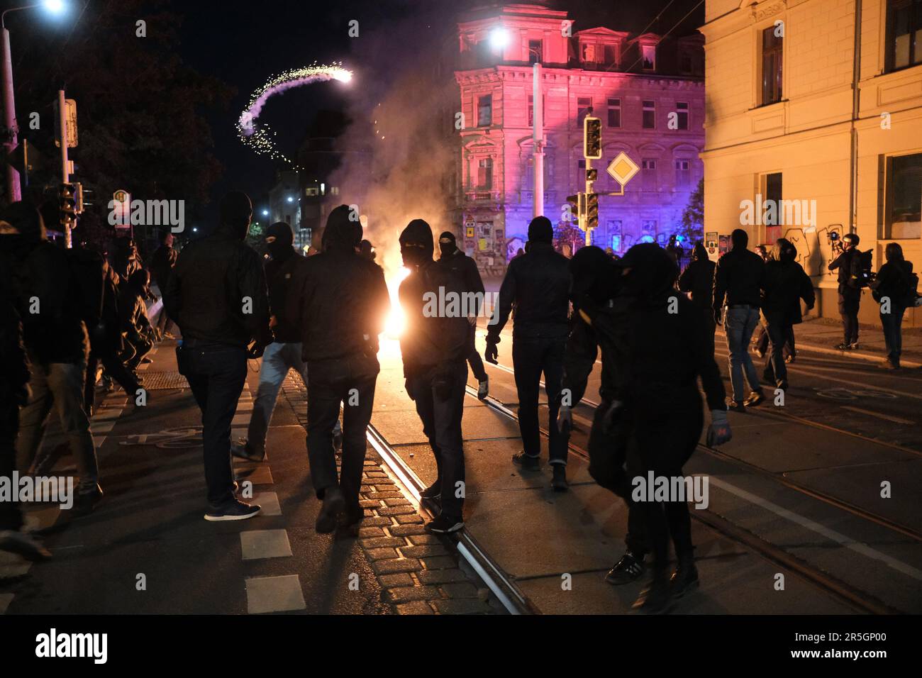 Leipzig, Germany. 03rd June, 2023. Autonomists at burning barricades ...