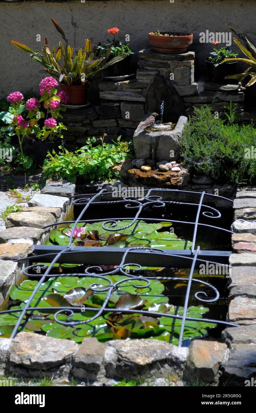 Water basin, wrought-iron grate, small pond, Wachau Stock Photo - Alamy