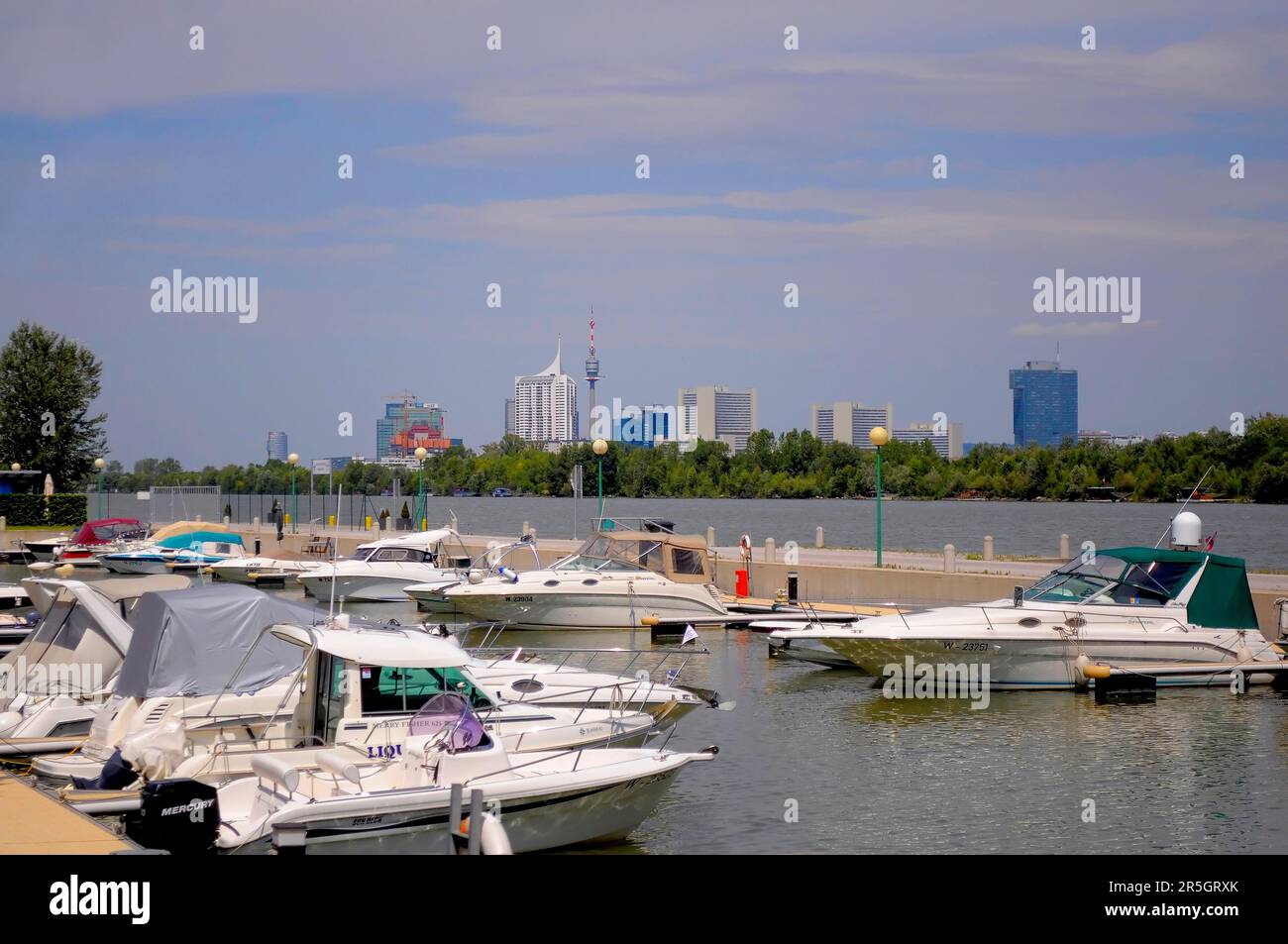 Austria, Vienna, Marina, Danube, motor boats, modern Vienna Stock Photo ...