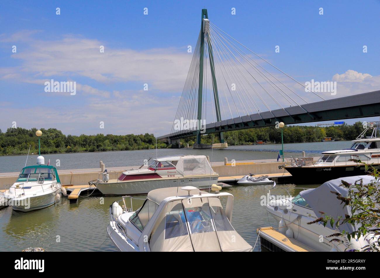 Austria, Vienna, Marina, Danube, motor boats, modern Vienna, railway ...