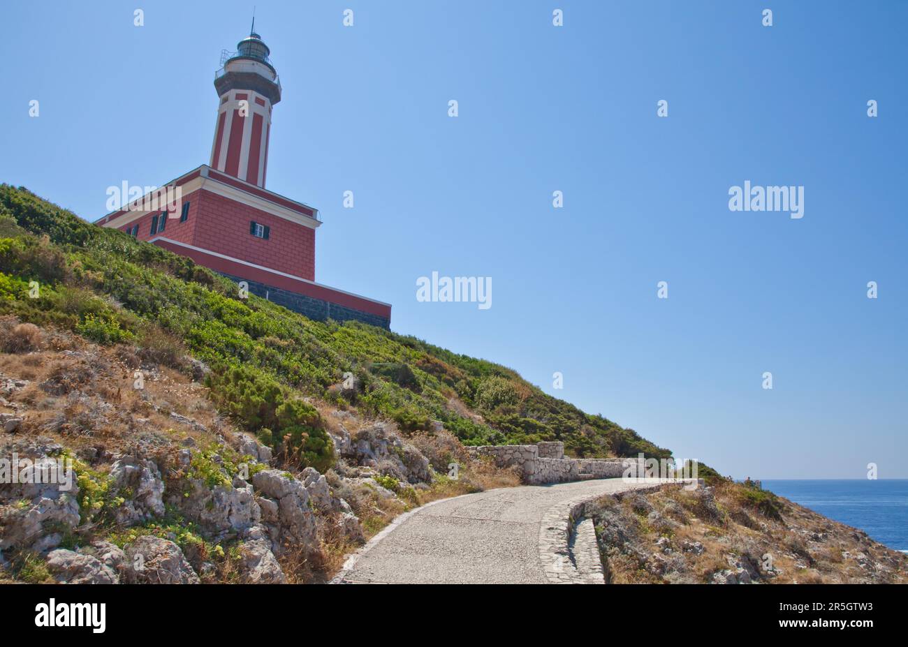 Concept of direction with this road and lighthouse. Copy space on blue ...