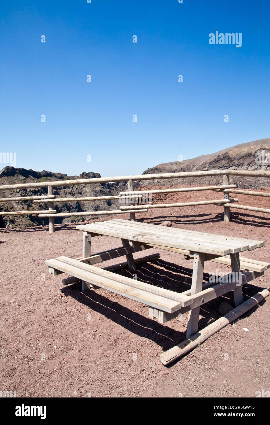 Empty bench in front of volcano Vesuvius crater. This bench is used ...