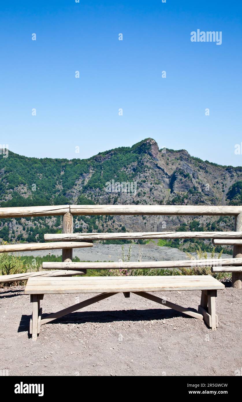 Empty bench in front of volcano Vesuvius crater. This bench is used ...