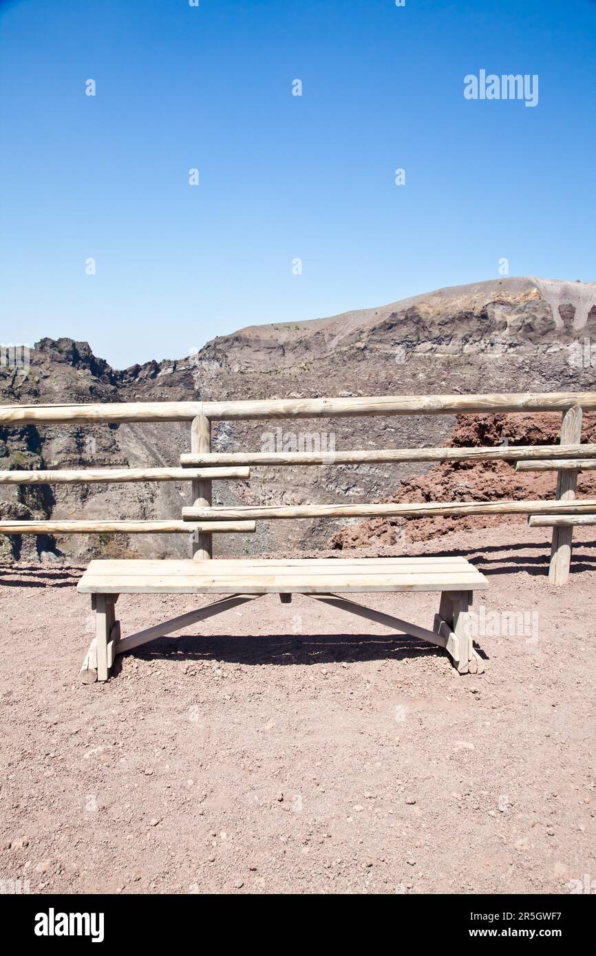 Empty bench in front of volcano Vesuvius crater. This bench is used ...