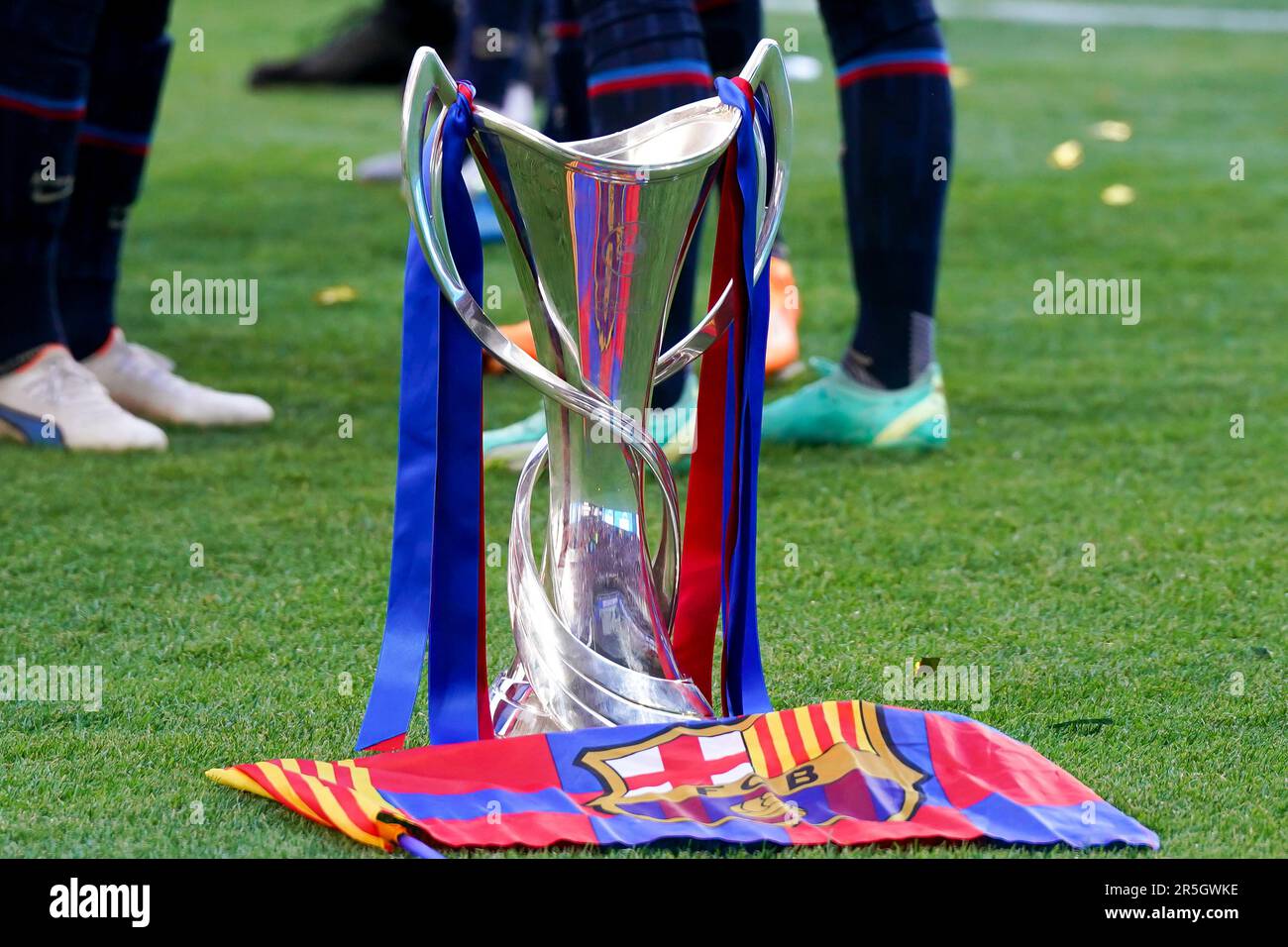 Eindhoven, Netherlands. 3rd June, 2023. UWCL trophy and Barcelona flag ...