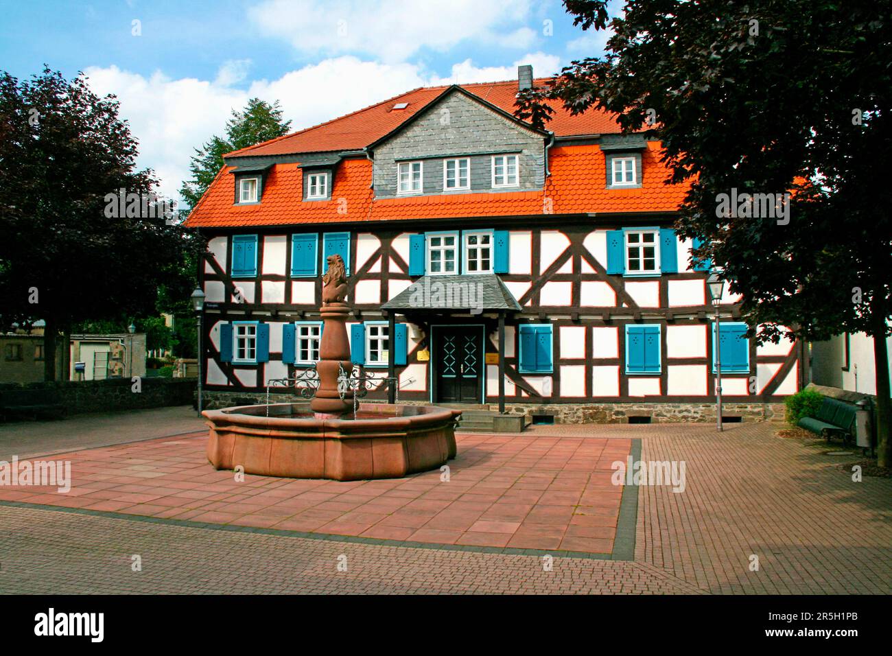 Half-timbered house, former brewery, Loewenbrunnen, Gruenberg, Hesse ...