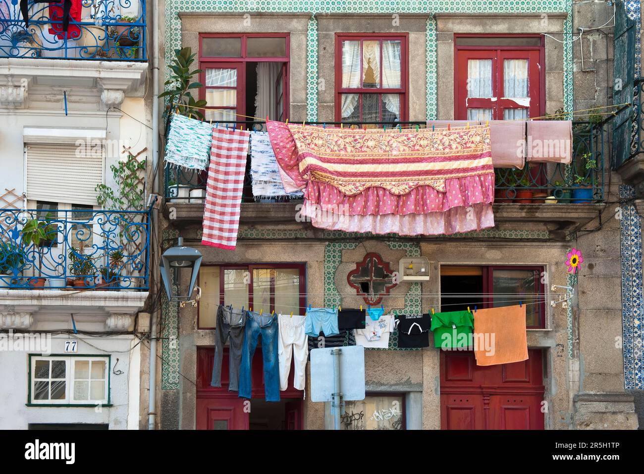 Clothesline at window, Barredo quarter, traditional quarter, Porto ...