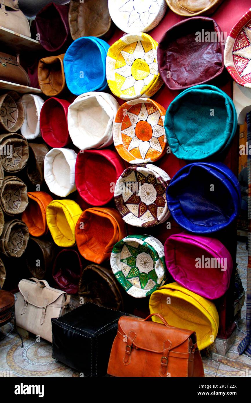 Leather goods, Suk, Marrakech, Leather, Morocco Stock Photo - Alamy