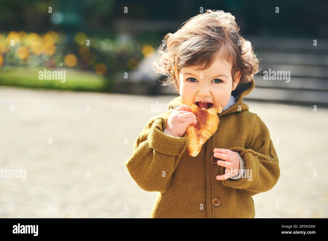 Outdoor portrait of cute 1 - 2 year old toddler kid eating croissant ...