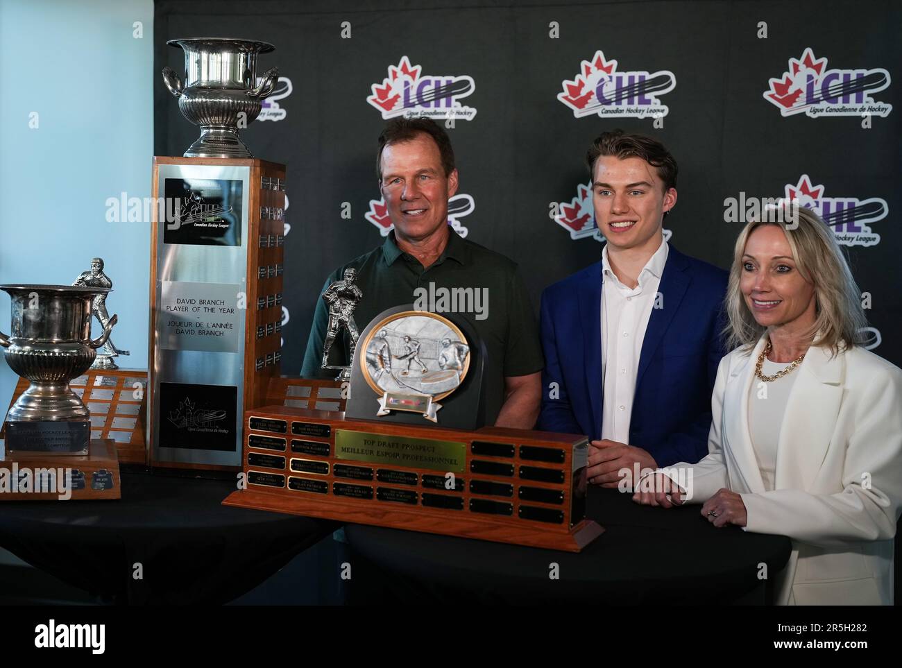 June 3, 2023, KAMLOOPS, BC, CANADA: Regina Pats centre Connor Bedard and his parents Tom and ...