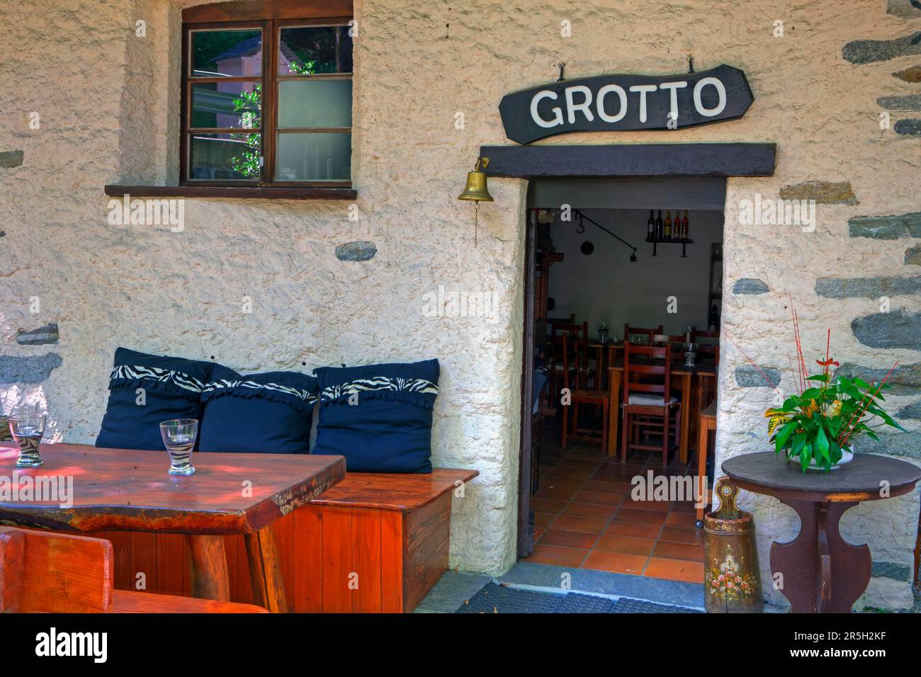 Garden restaurant, typical Ticino grotto, Ticino, Switzerland Stock ...