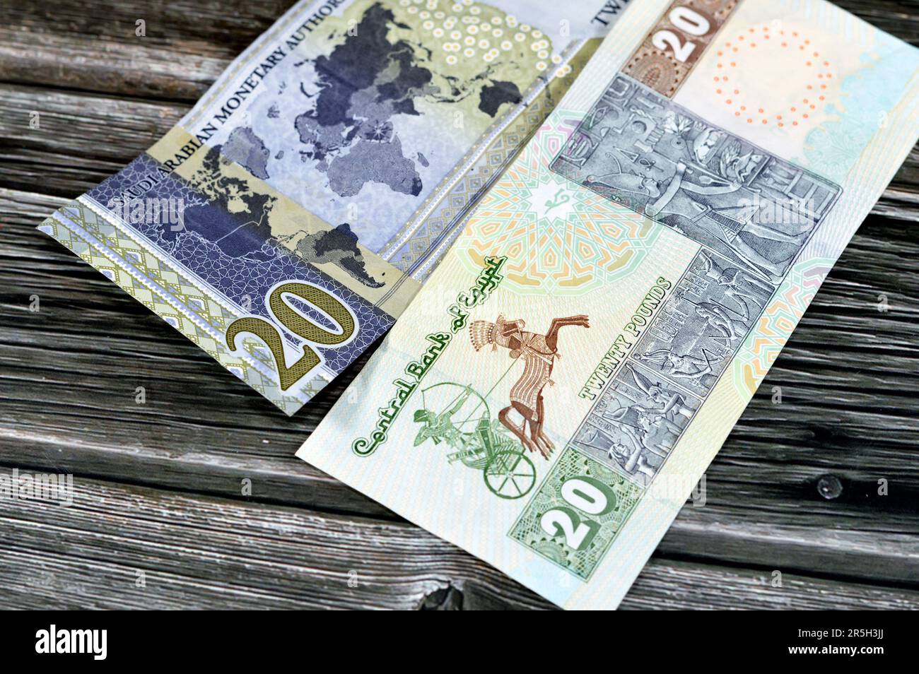 Saudi Arabia 20 SAR twenty riyals banknote with 20 LE twenty Egyptian ...