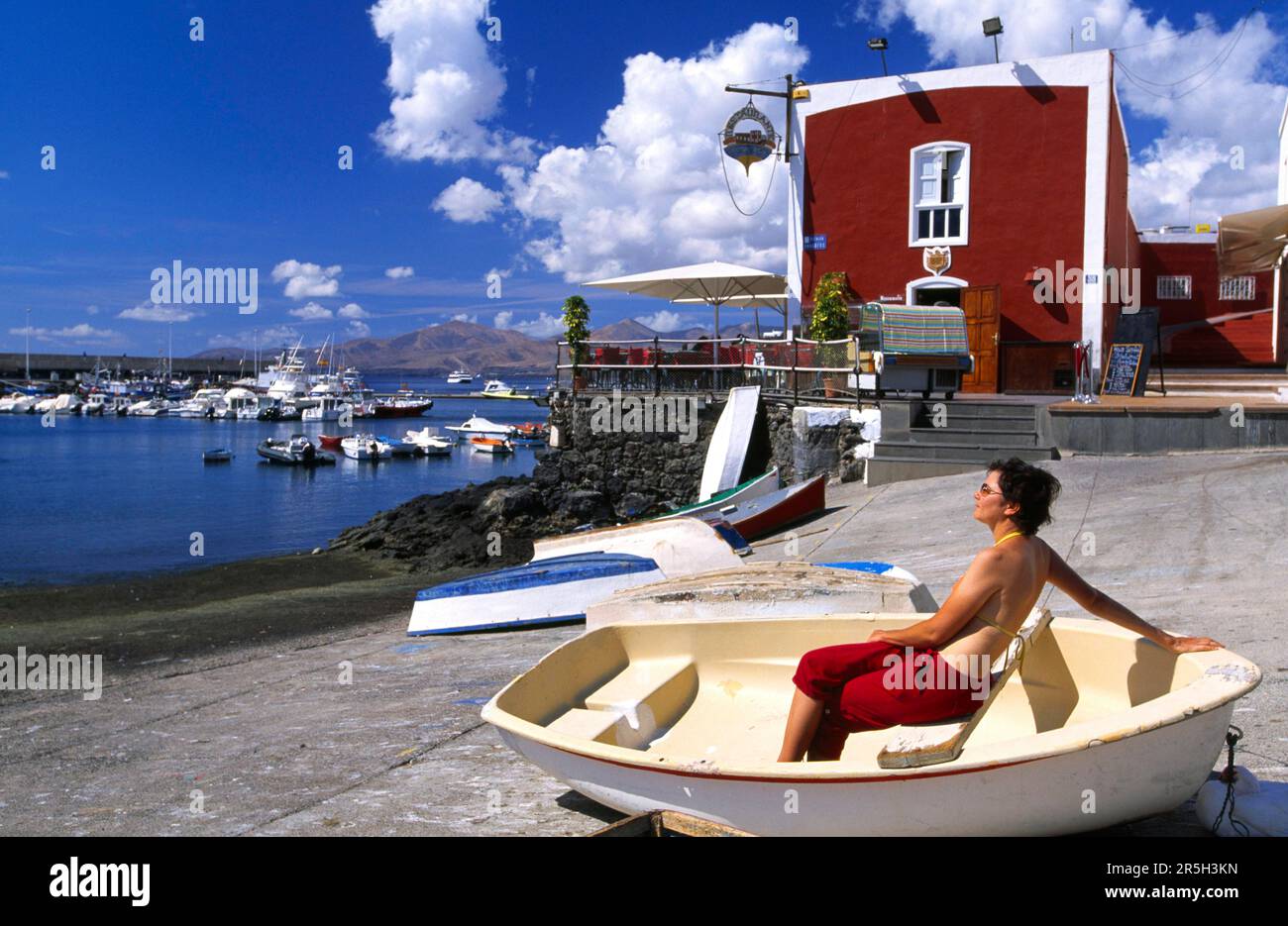 Fish restaurant at the harbour of Puerto del Carmen, Lanzarote, Canary ...