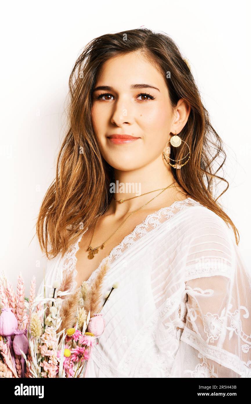 Fashion Portrait Of Pretty Young Woman Wearing Boho Style Dress