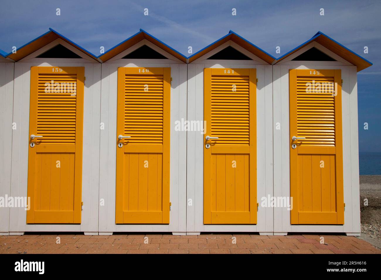Changing rooms on the beach, Pietra Ligure, Riviera, Liguria, Italy ...