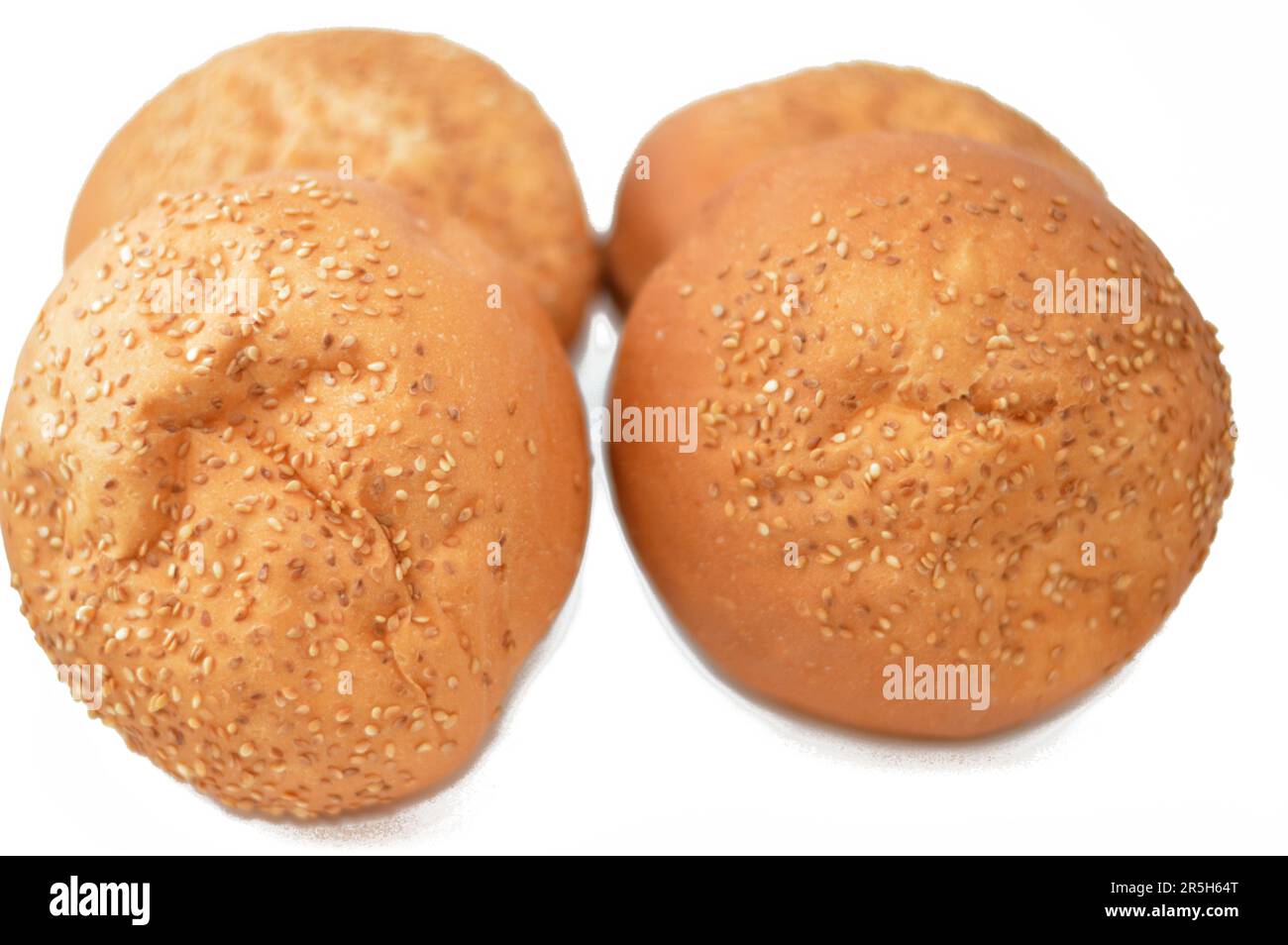 Round hand sized hamburger burger bun baked and covered with sesame ...