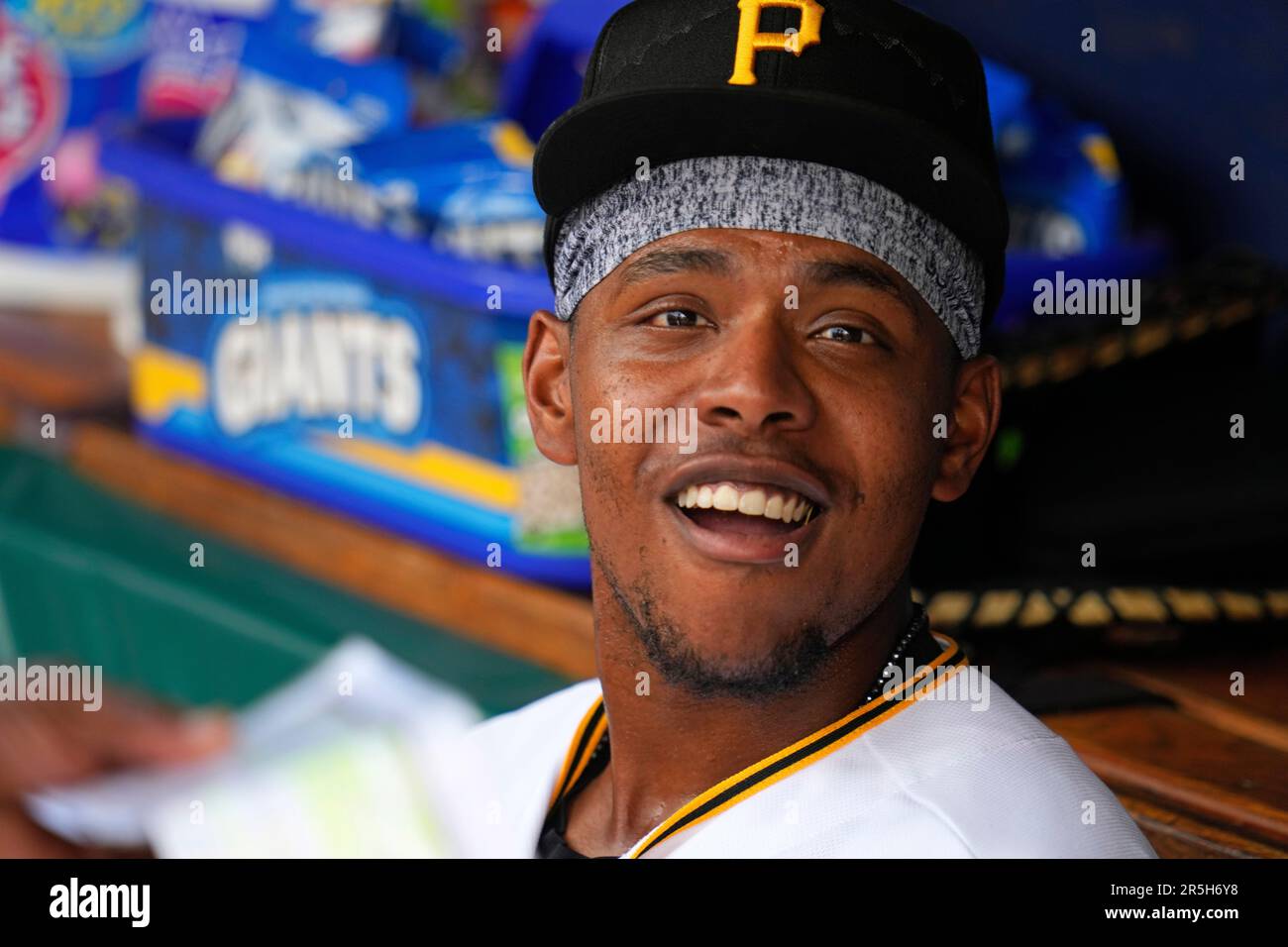 Pittsburgh Pirates third baseman Ke'Bryan Hayes sits in the dugout ...