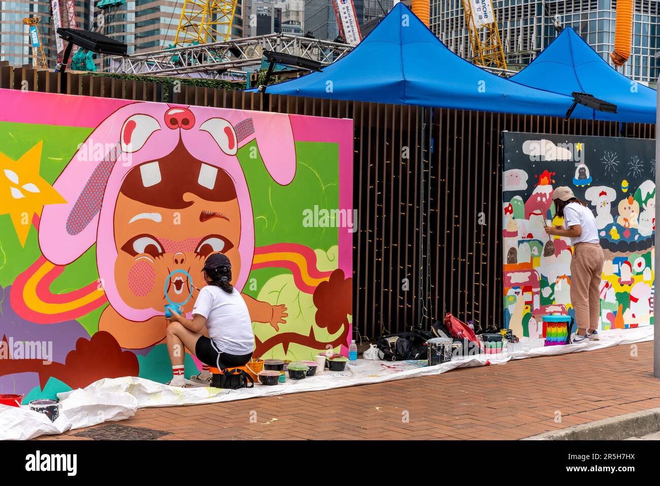 Young People Painting A Street Mural, Central District, Hong Kong ...