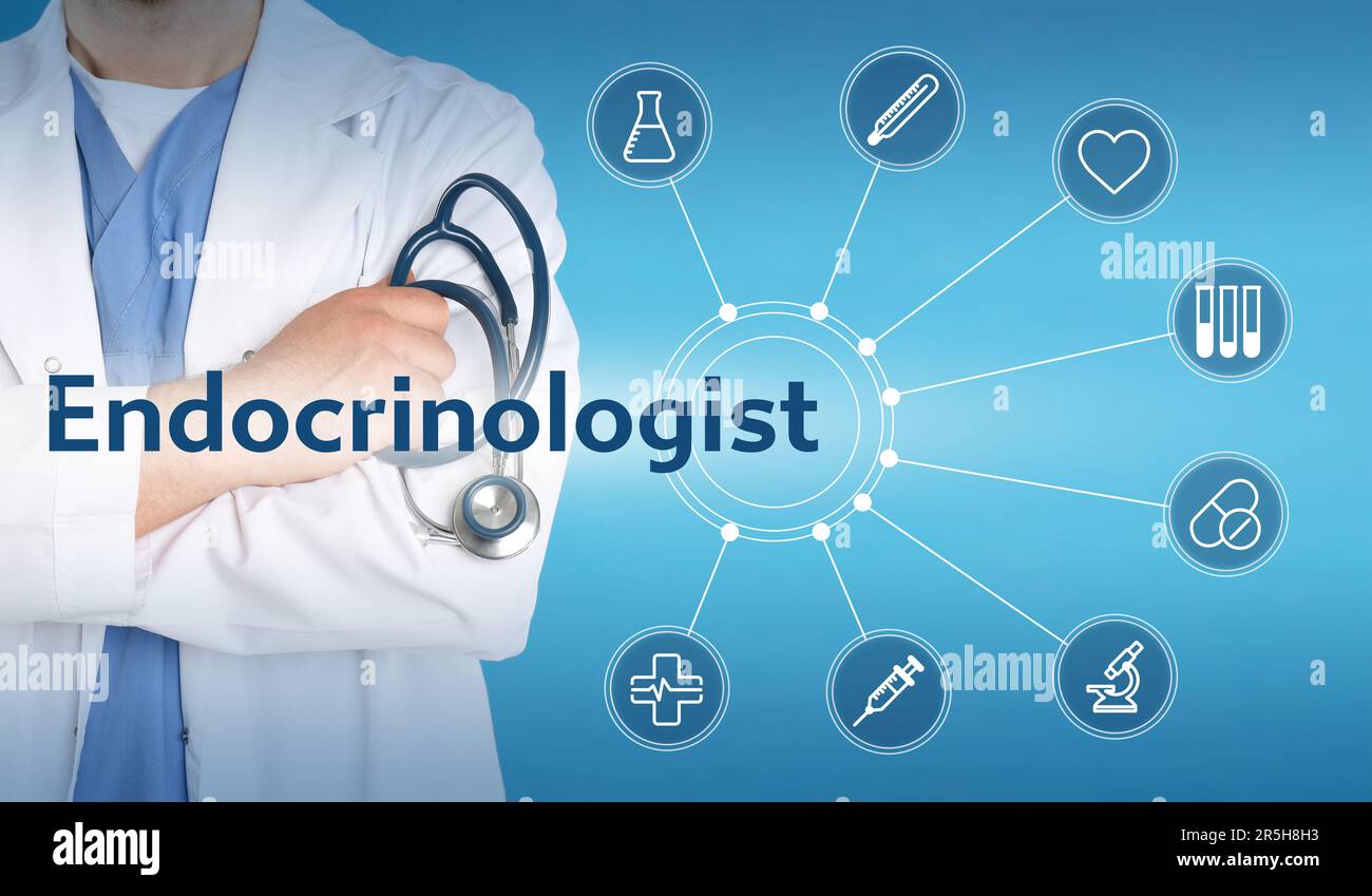 Endocrinologist, word and scheme with icons on light blue background ...