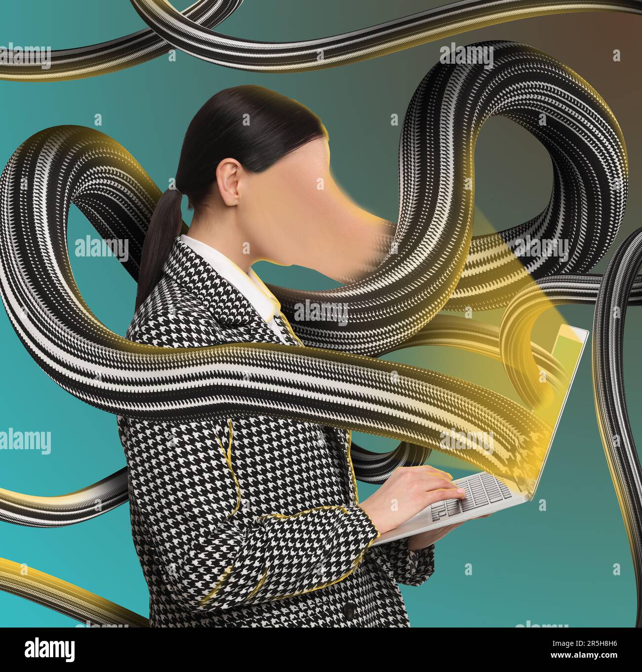 Creative artwork. Internet addiction. Woman dissolving in light from ...