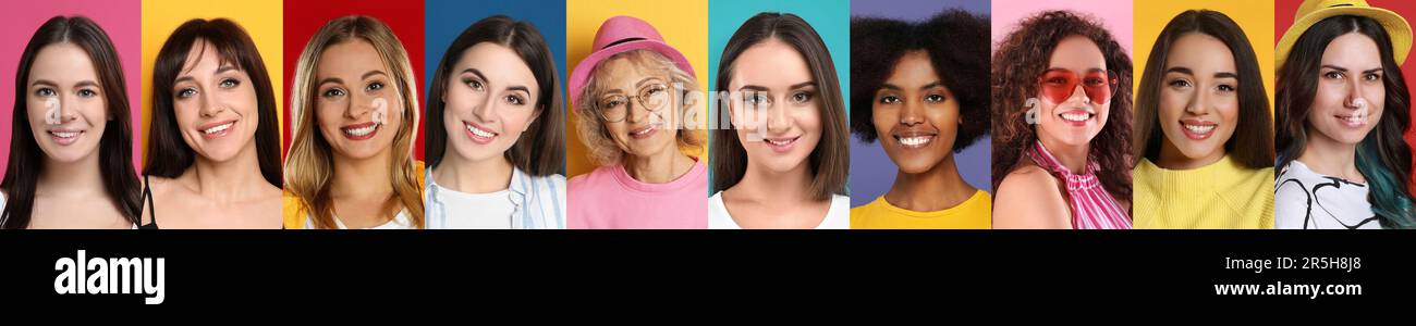Set with portraits of happy women on different color backgrounds Stock ...