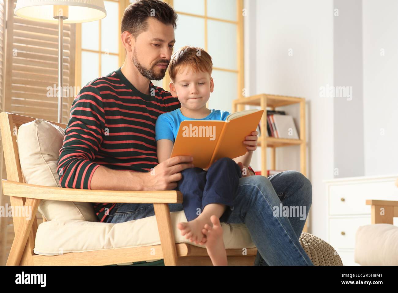 Father reading book with his son on armchair in living room at home ...