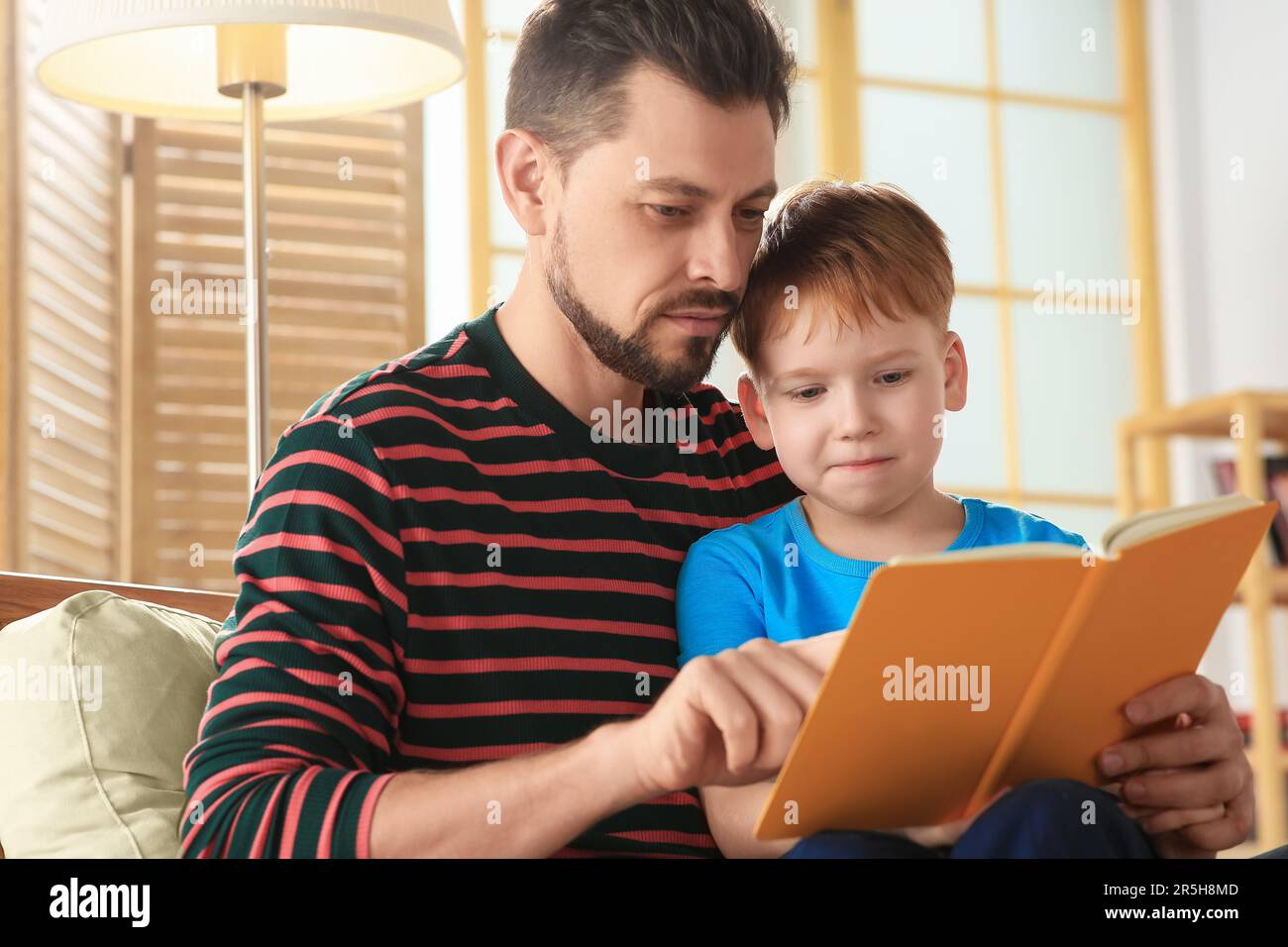 Father reading book with his son on armchair in living room at home ...