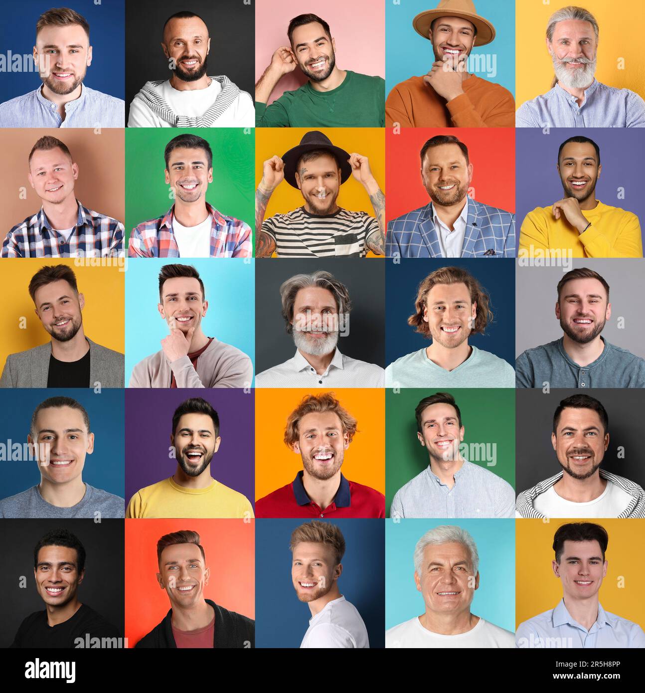 Collage with portraits of happy men on different color backgrounds ...