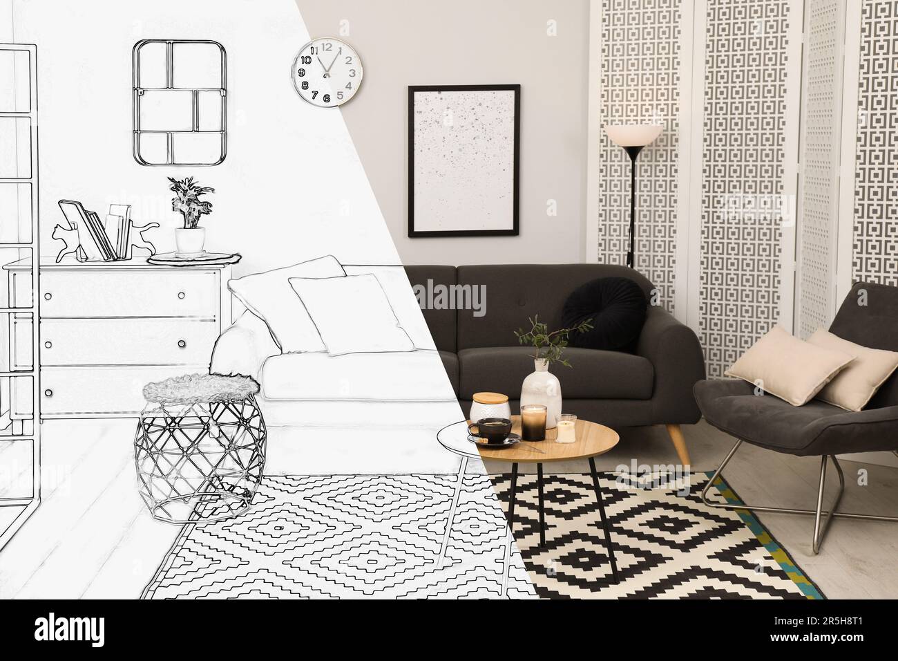 From idea to realization. Stylish living room interior with comfortable ...