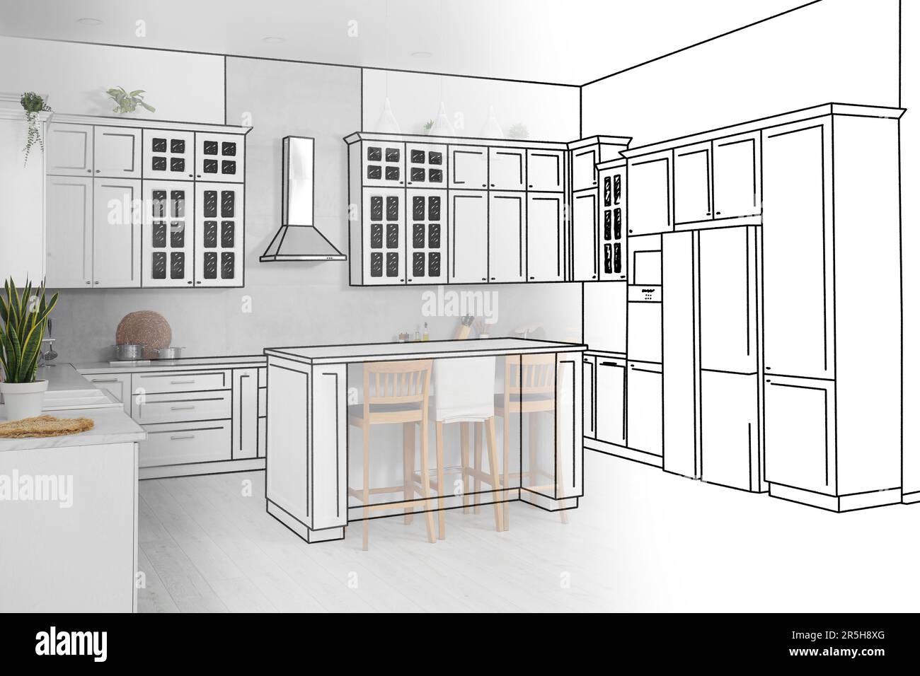 From idea to realization. Stylish kitchen interior. Collage of photo ...