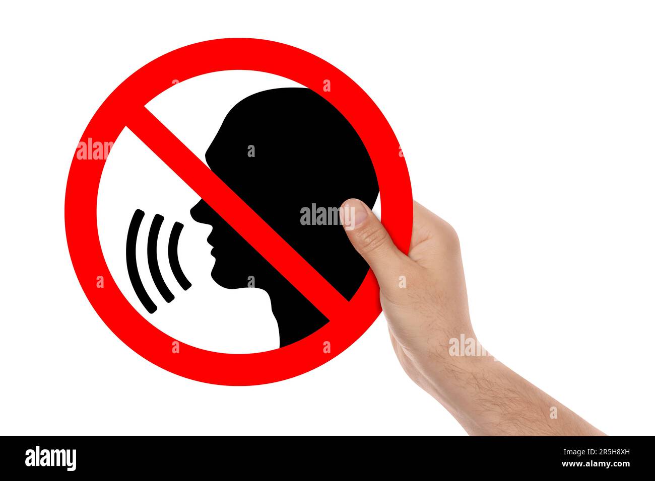 Quiet Please. Man holding prohibition sign with human head image on ...