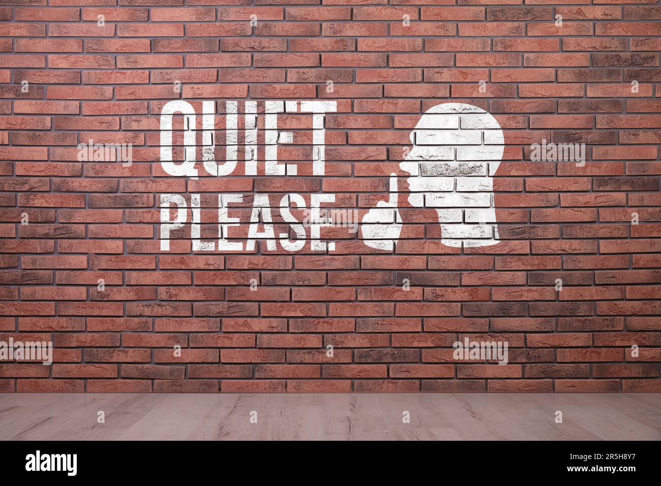 Phrase Quiet Please and shush gesture image on red brick wall Stock ...