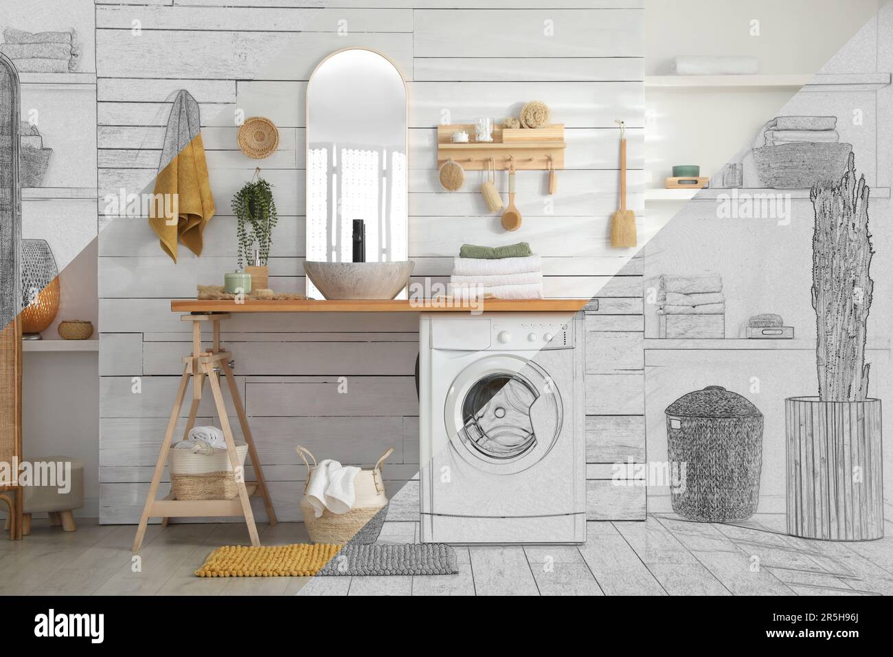 From idea to realization. Beautiful bathroom interior with washing ...