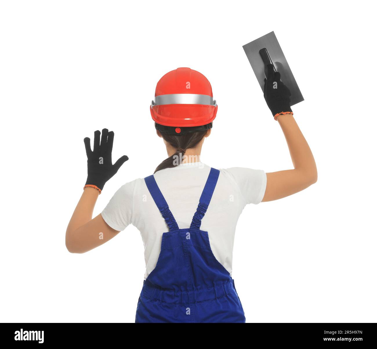 Professional worker with putty knife on white background, back view ...