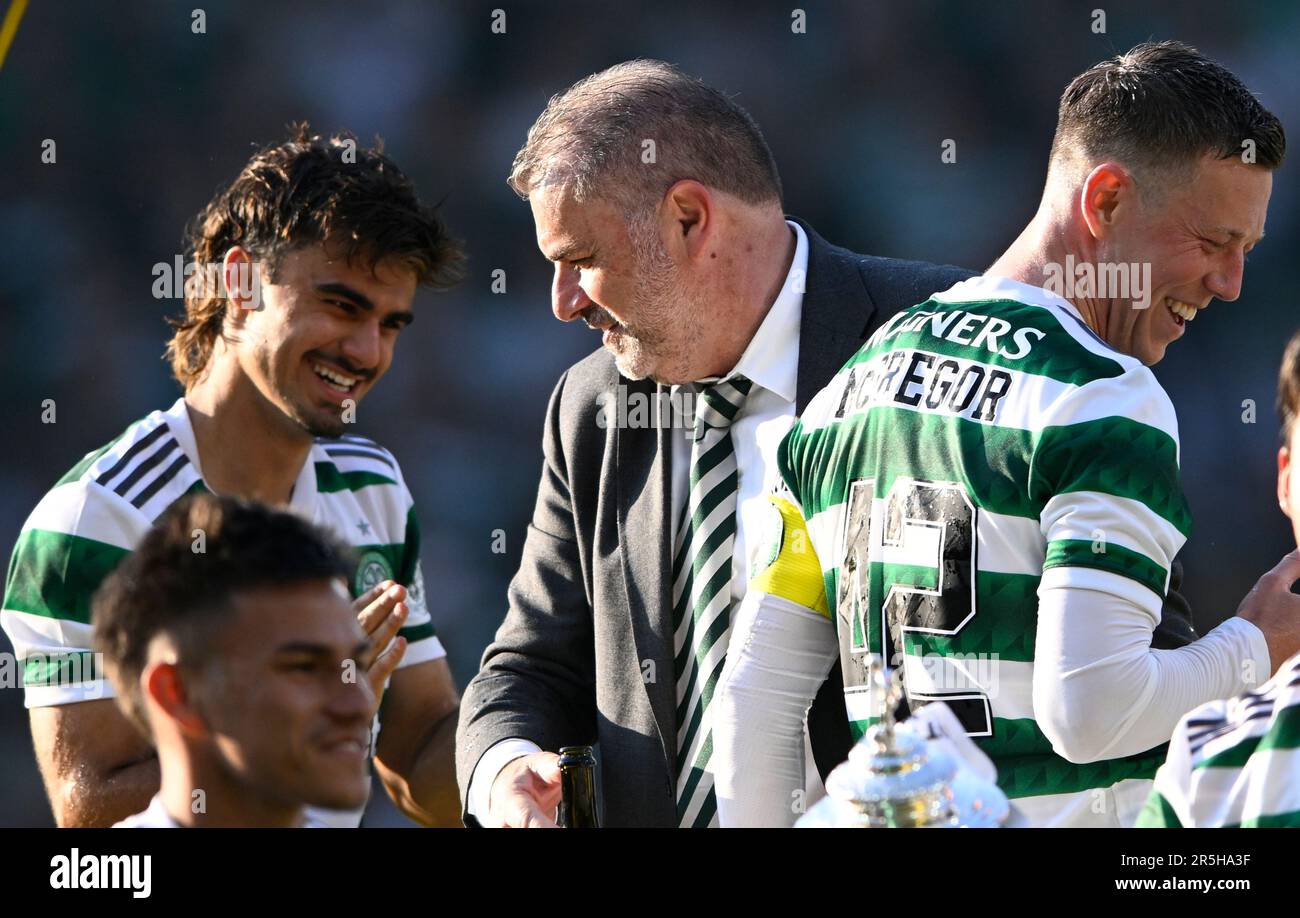 Glasgow, UK. 3rd June, 2023. Captain Callum McGregor of Celtic lifts ...