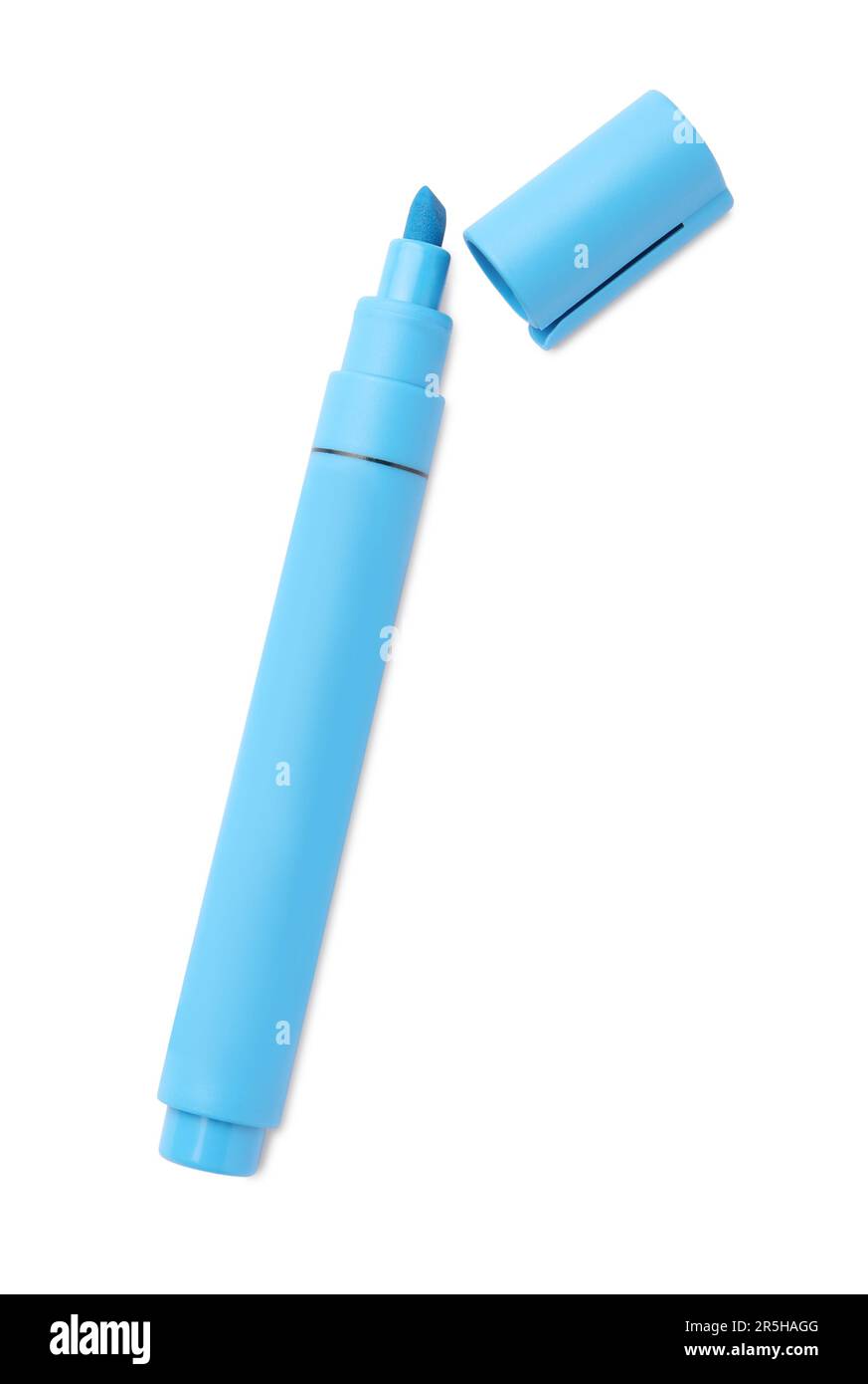 Bright light blue marker isolated on white, top view. School stationery ...