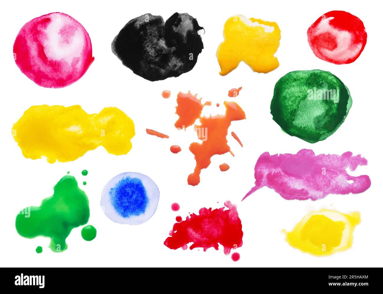 Set with colorful blots of ink on white background, top view Stock ...