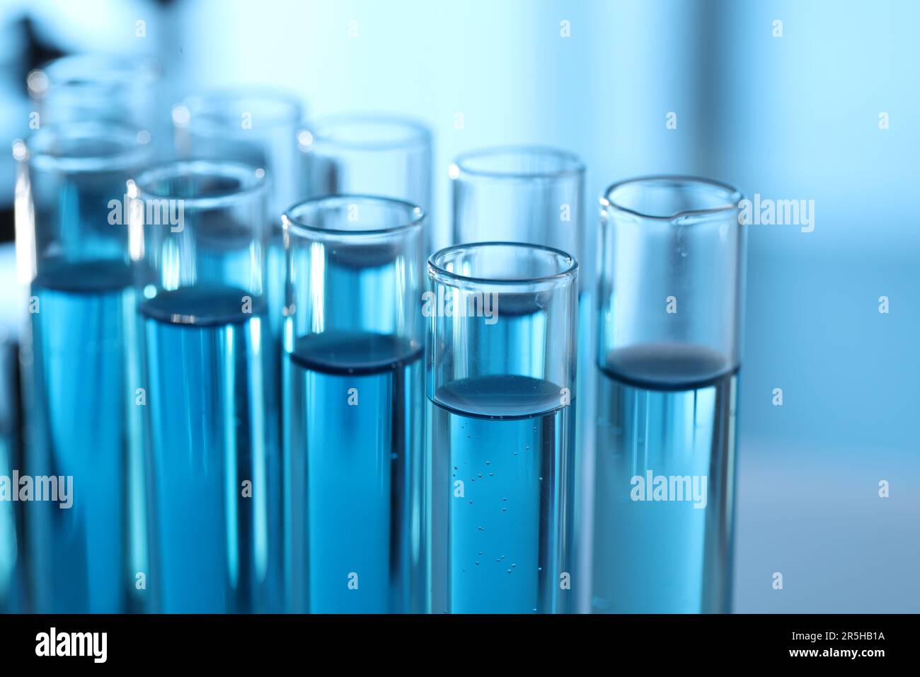 Test tubes with light blue liquid in laboratory, closeup Stock Photo ...