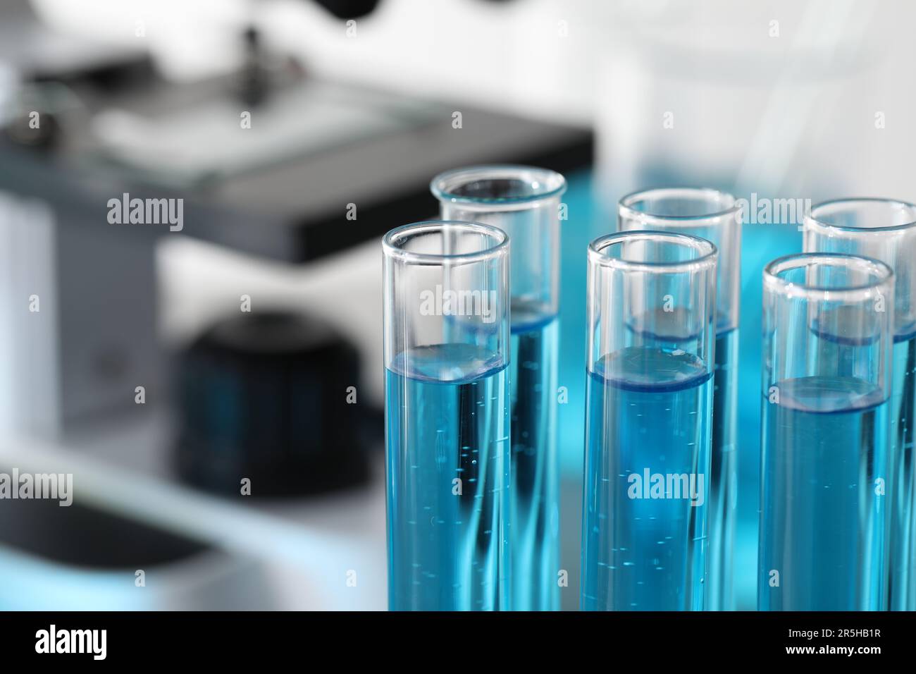 Test tubes with light blue liquid in laboratory, closeup Stock Photo ...