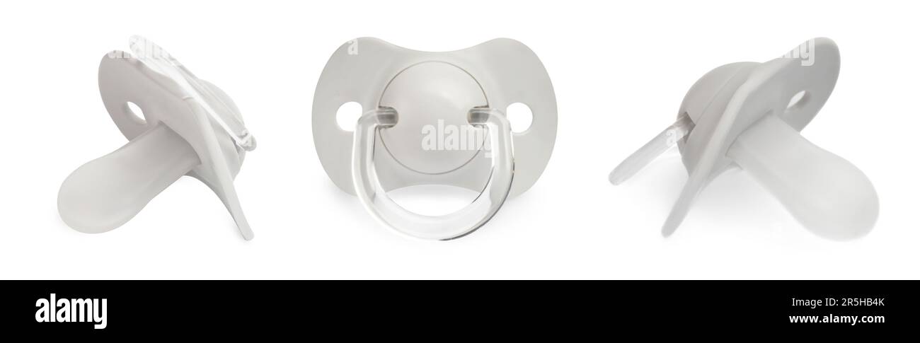 Collage of light grey baby pacifier on white background, views from ...