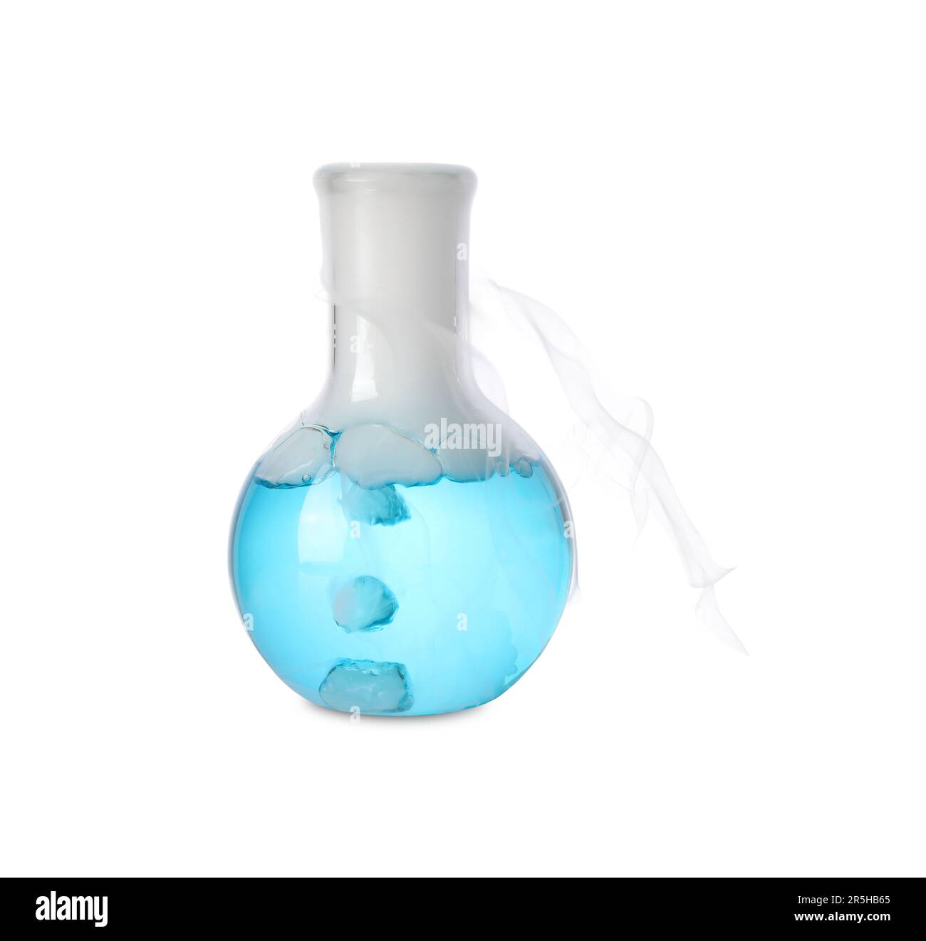 Laboratory flask with light blue liquid and steam isolated on white ...