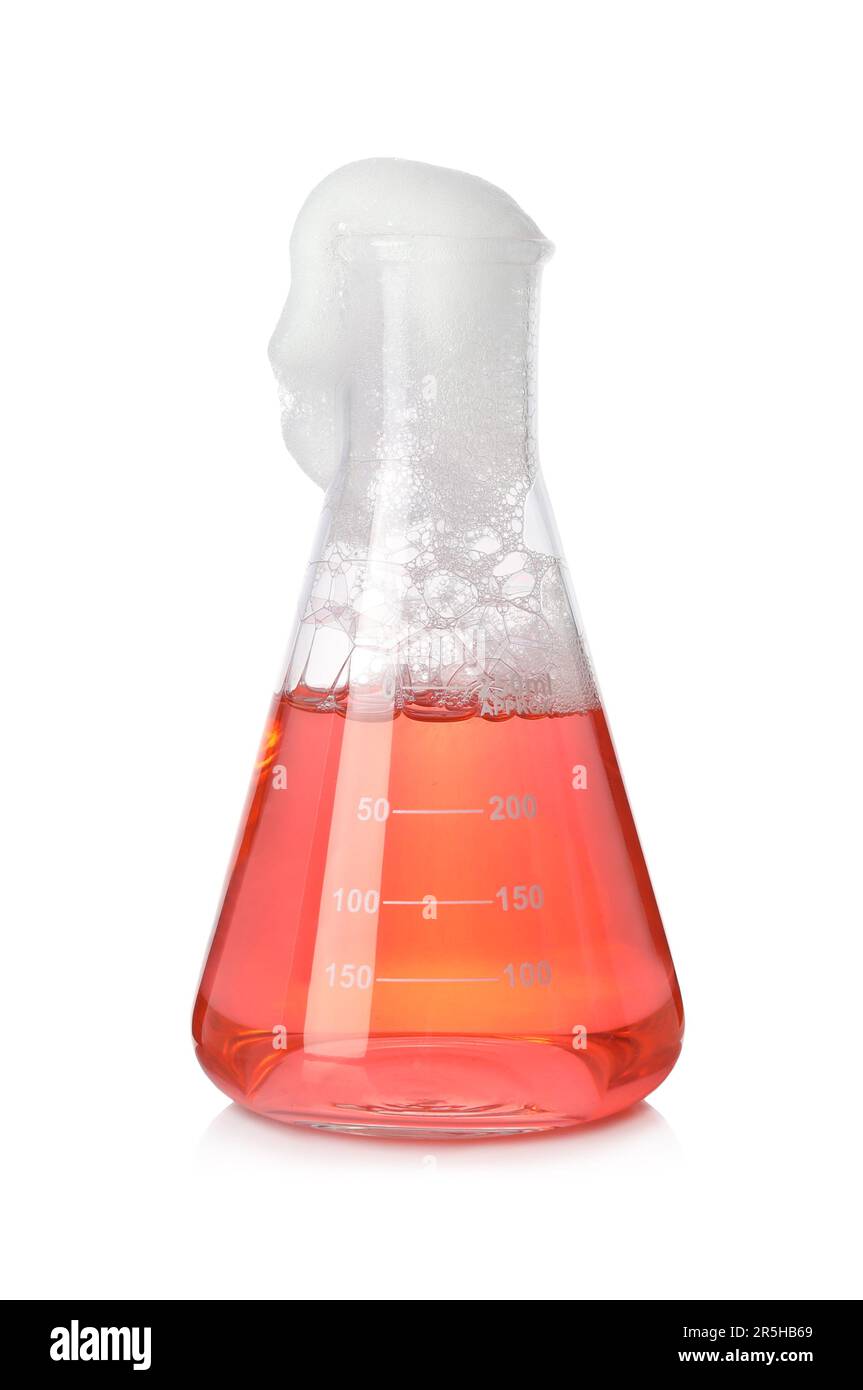 Laboratory flask with colorful liquid isolated on white. Chemical ...