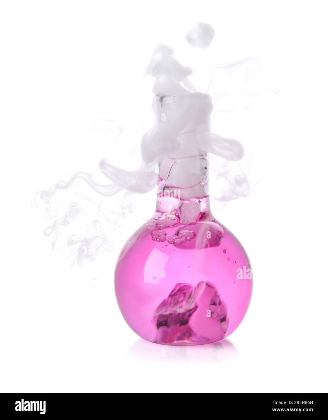 Laboratory flask with colorful liquid and steam isolated on white ...