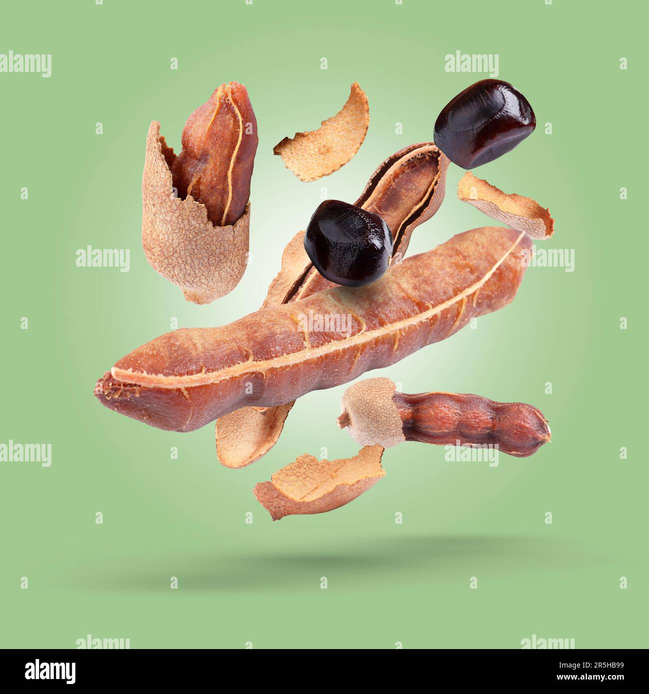 Ripe tamarind pods and seeds falling on light green background Stock ...