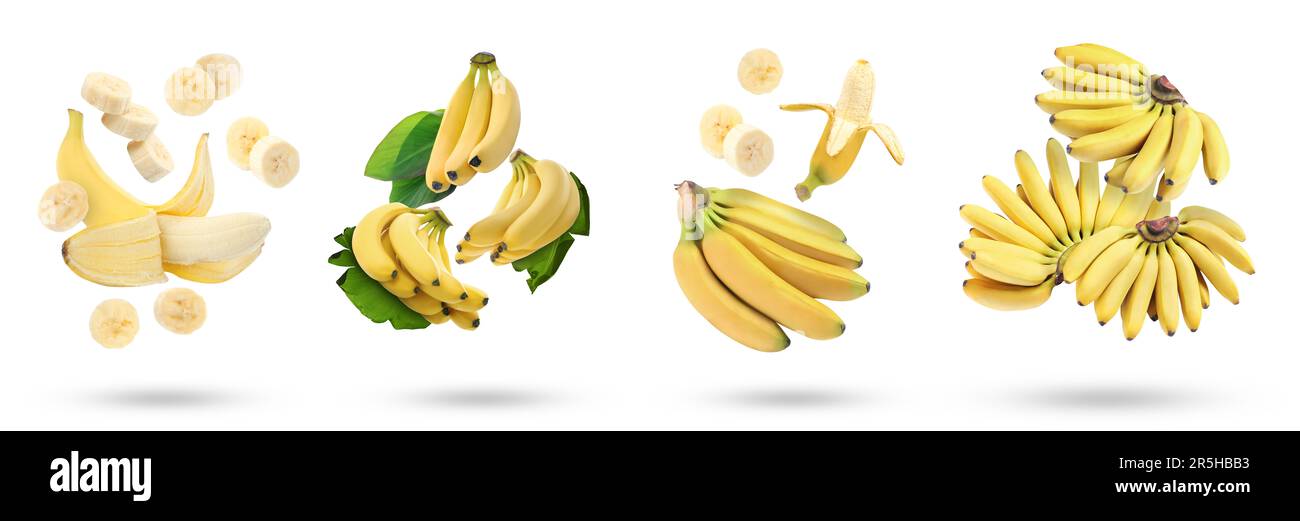 Collage with falling banana fruits and leaves on white background Stock ...