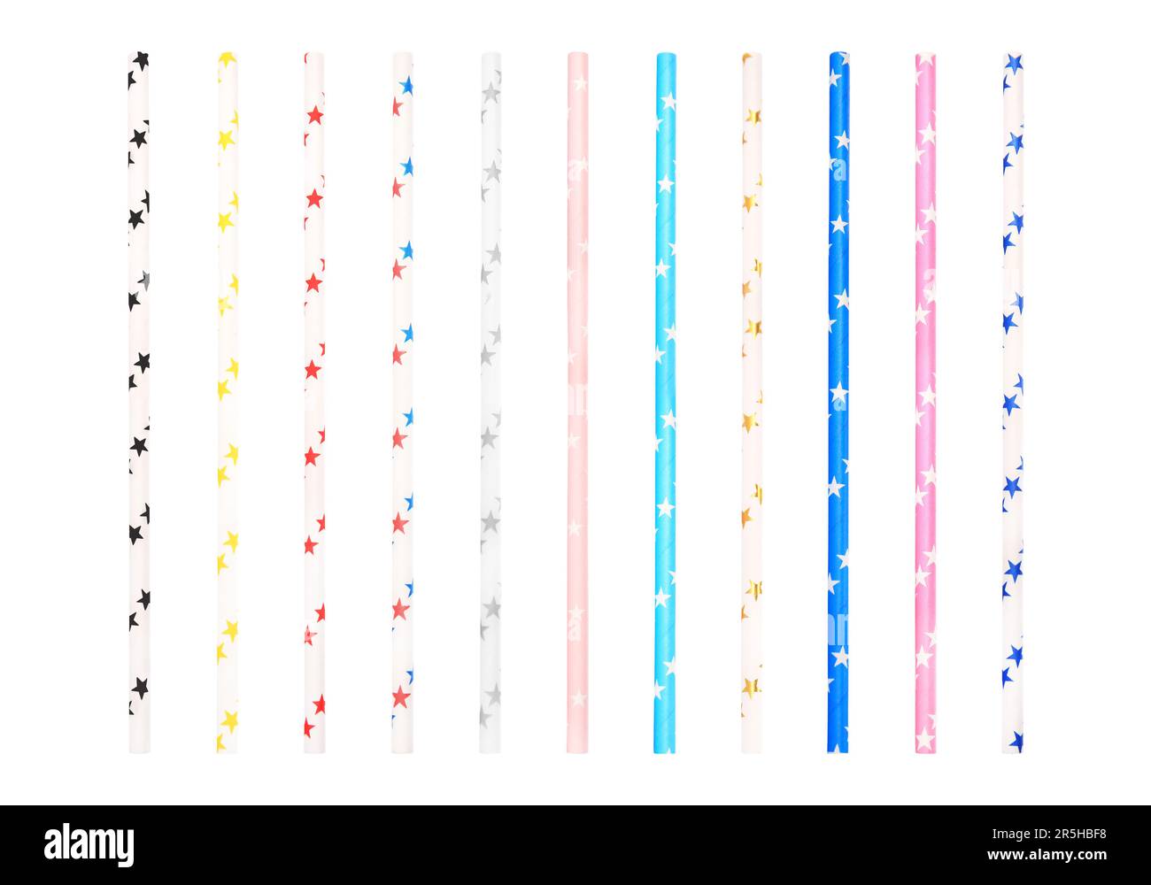 Set of paper drinking straws with colorful stars on white background ...