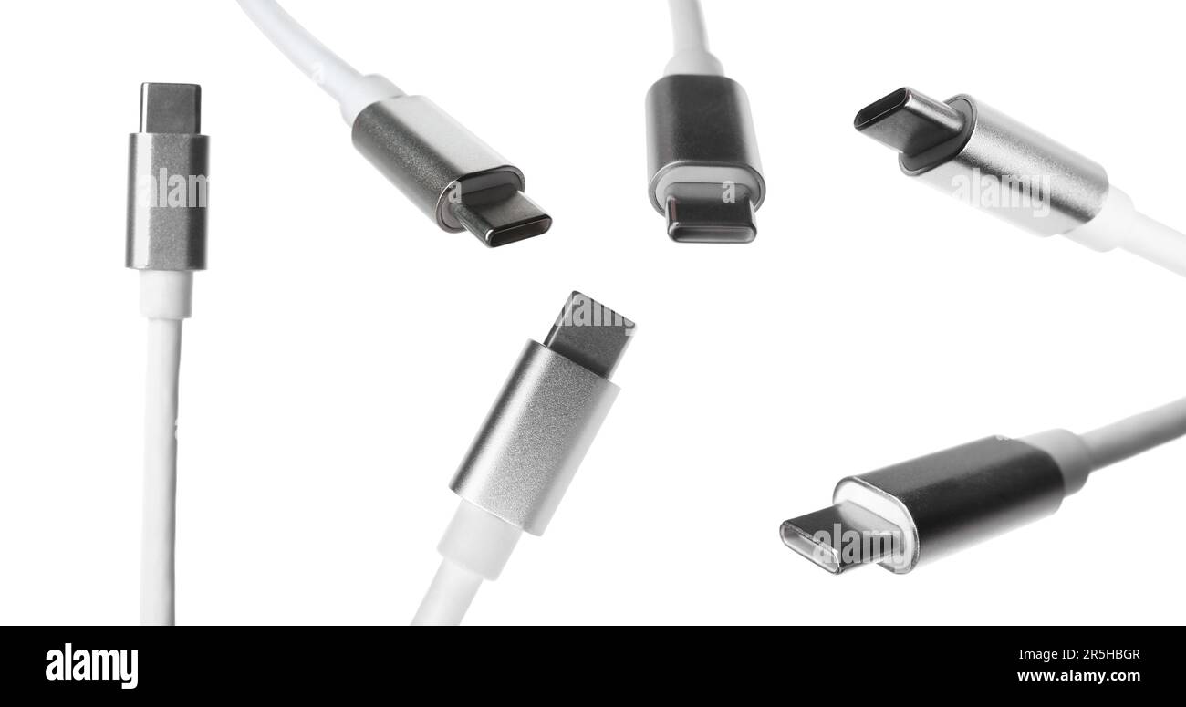 Cable with type C connector on white background, views from different ...